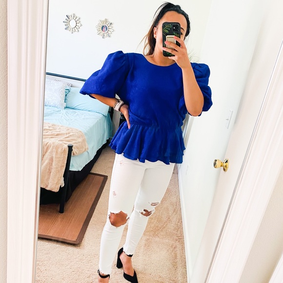 Vintage | Tops | Vintage Royal Blue Puff Sleeve Peplum Blouse | Poshmark